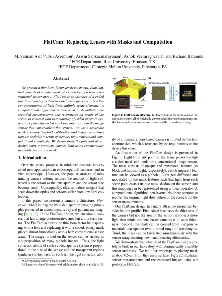 FlatCam: Replacing Lenses with Masks and Computation | PDF | Camera | Pixel