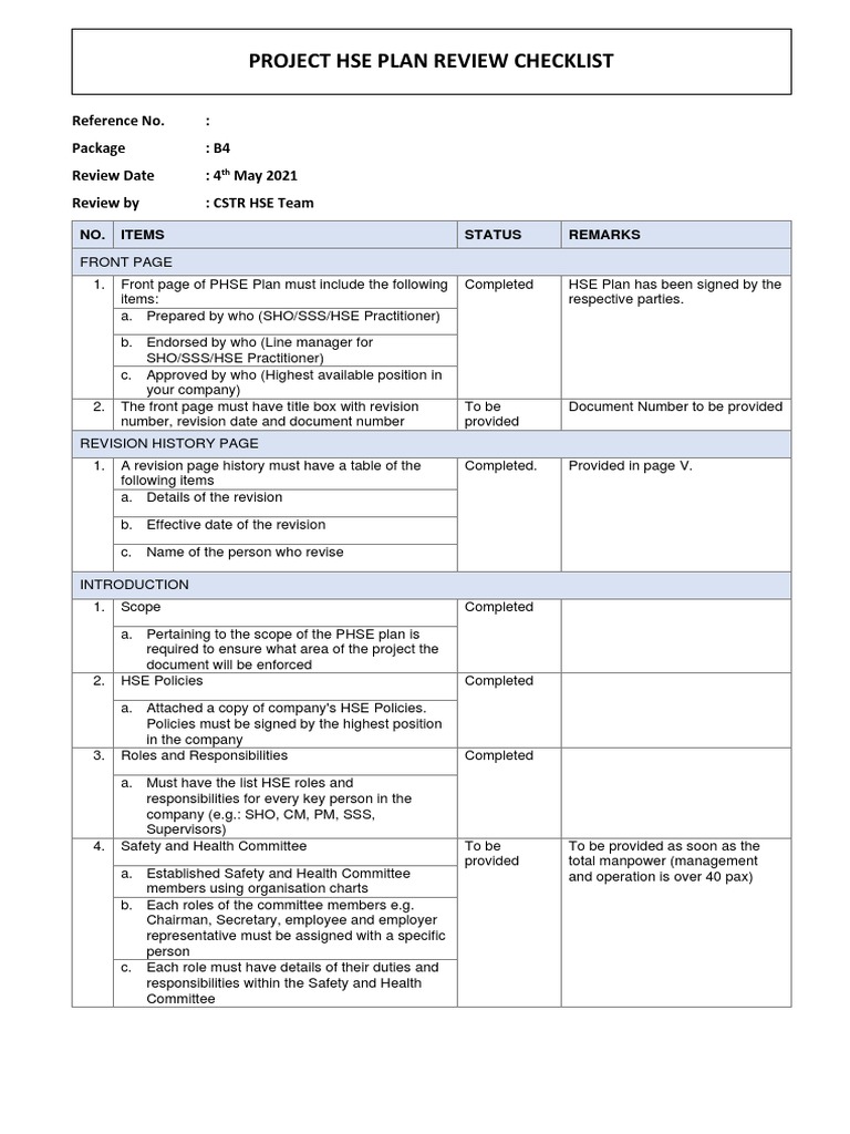 PHSE Plan Review Checklist Template - PDF Rev 0 | PDF | Risk | Risk ...
