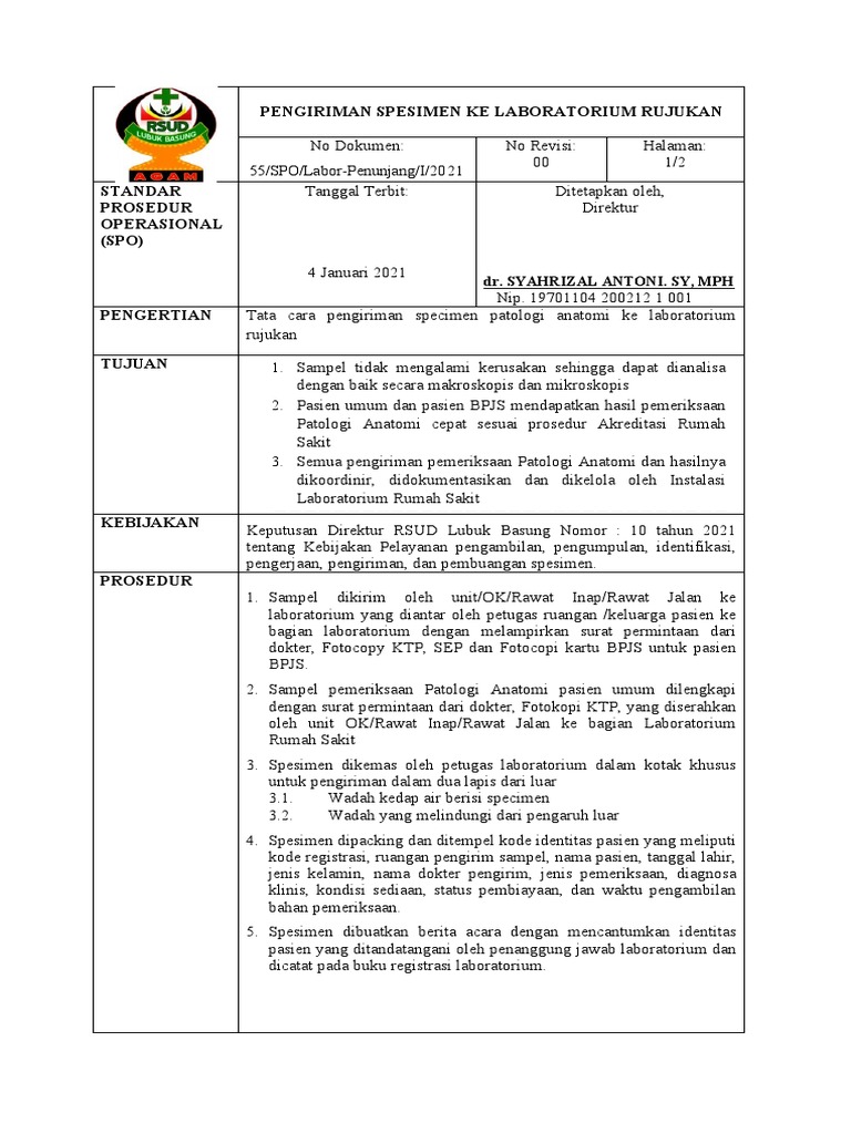 SOP Pengiriman Spesimen Ke Laboratorium Rujukan | PDF