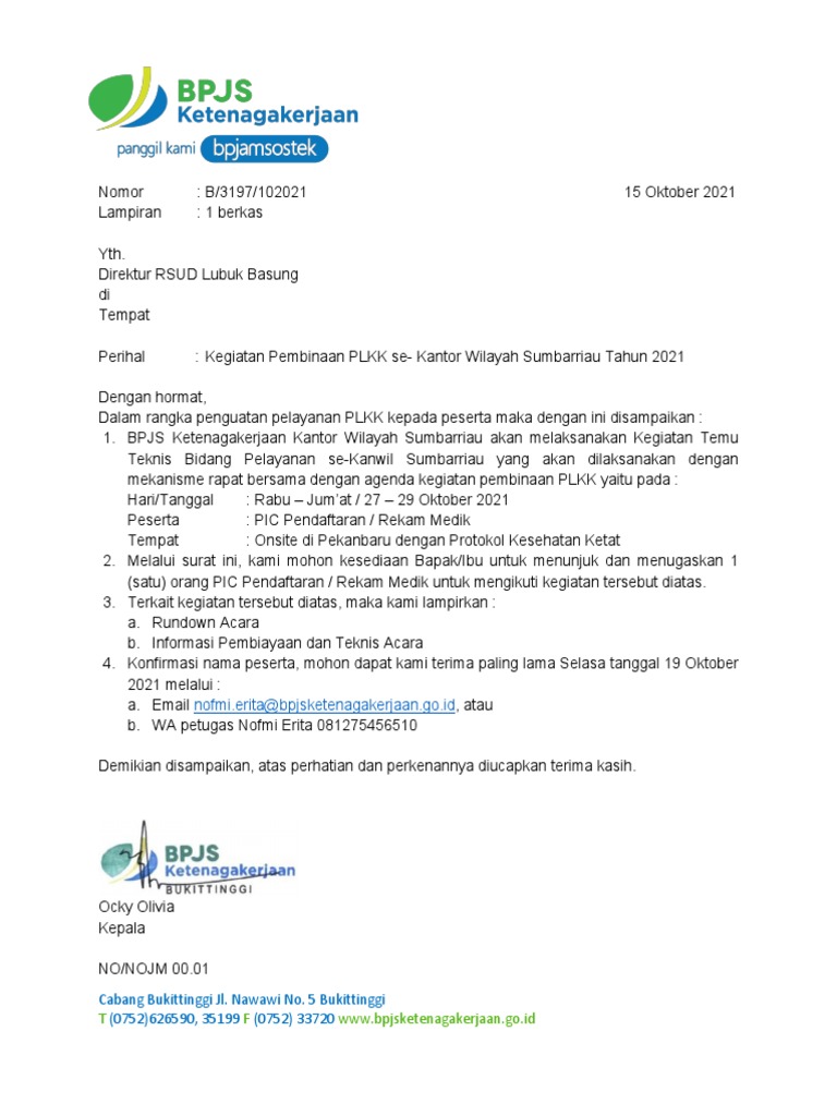 Surat Undangan PLKK Rakornis Pelayanan 26102021 - Rsud Lubuk Basung | PDF