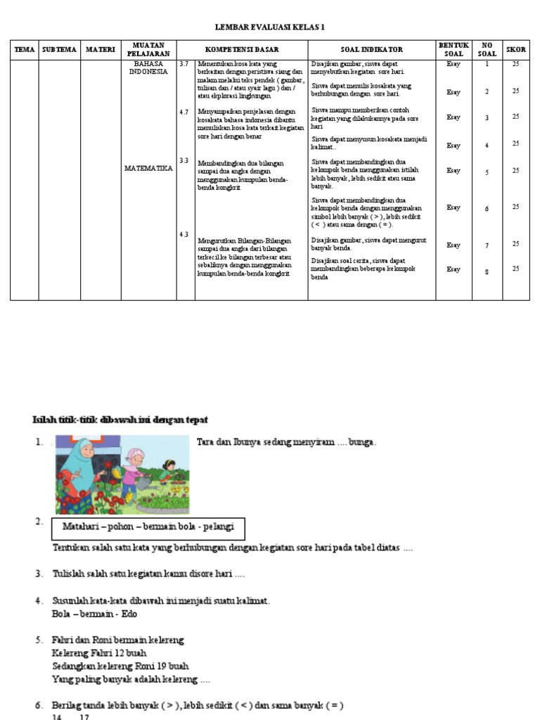 Lembar Evaluasi Kelas 1 | PDF