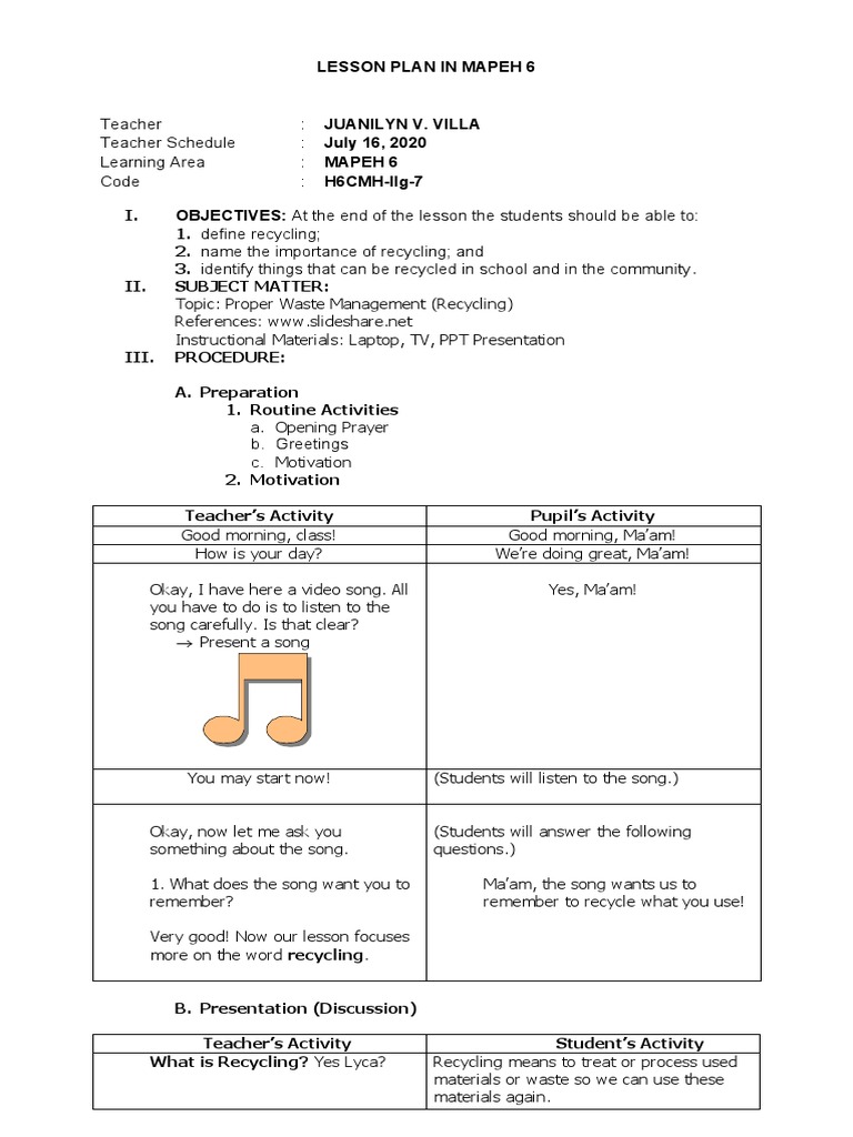Lesson Plan in Mapeh 6 | PDF | Recycling | Lesson Plan