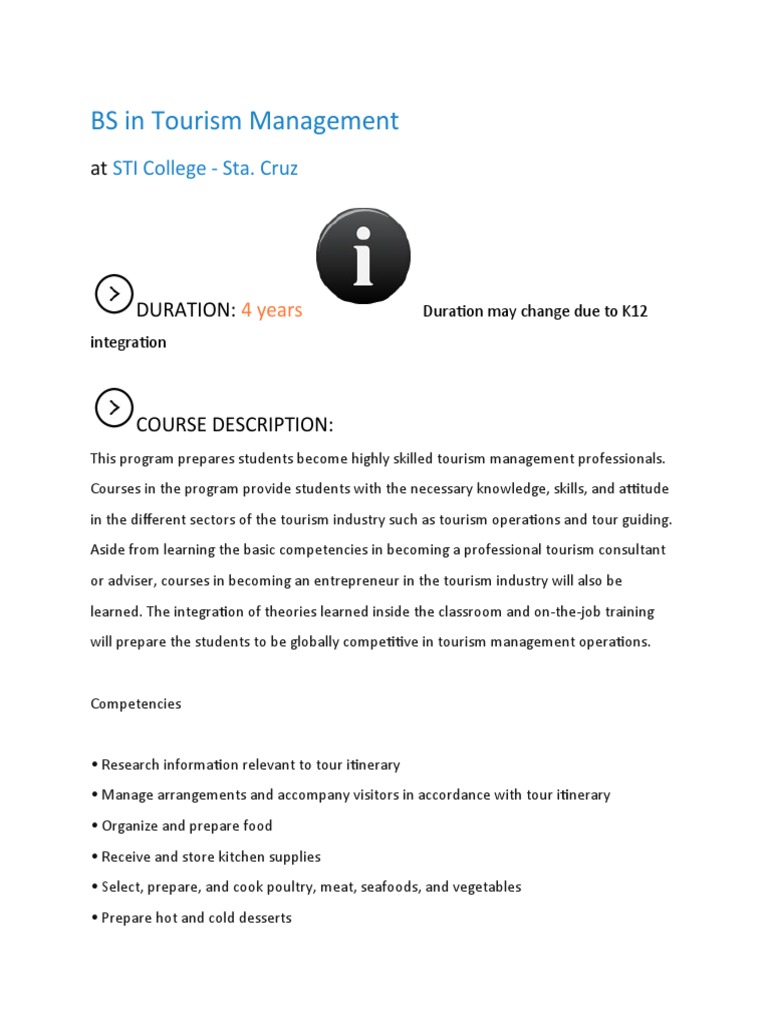 BS in Tourism Management: STI College - Sta. Cruz | PDF | Tourism ...