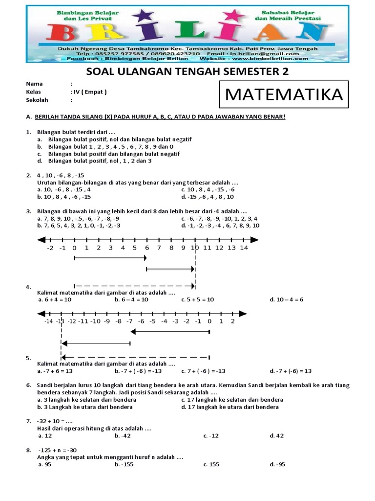 Soal UTS Matematika Kelas 4 SD Semester 2 (Genap) Dan Kunci Jawaban | PDF