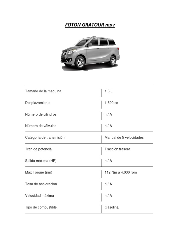Ficha Técnica Foton Gratour MPV | PDF