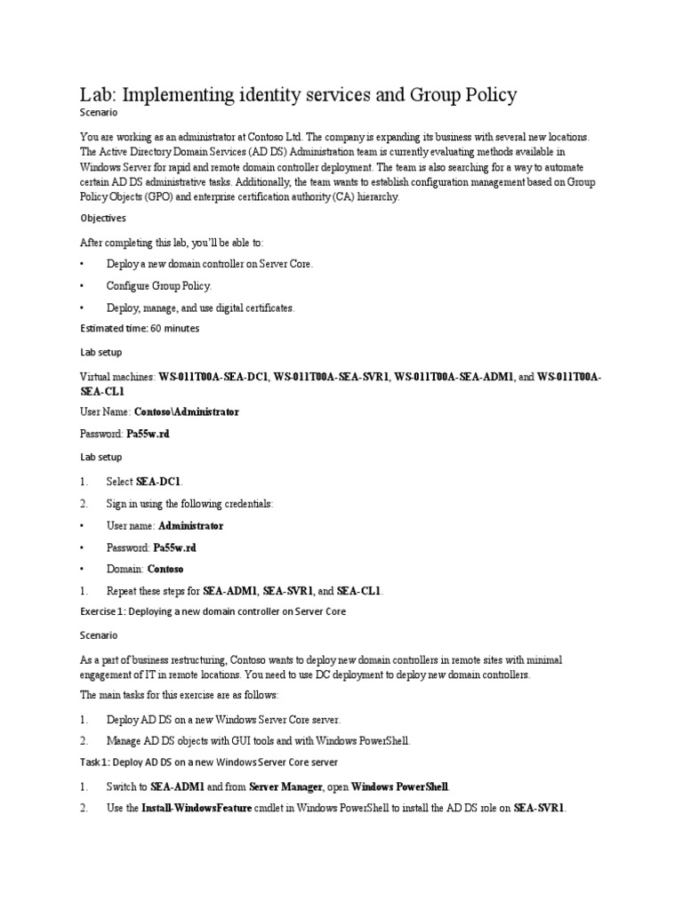 LAB 02 Implementing Identity Services and Group Policy | PDF | Group Policy | Active Directory