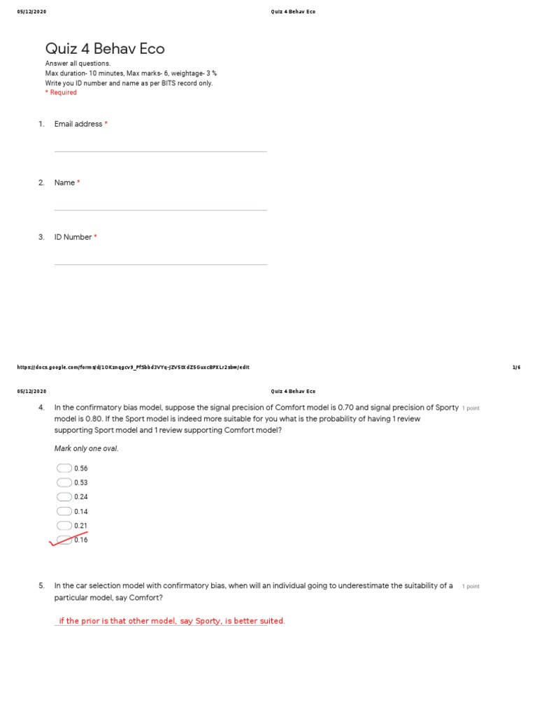 Quiz 4 Behav Eco - Google Forms Solution | PDF
