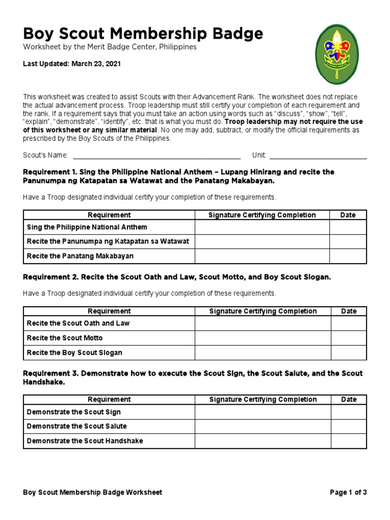 Boy Scout Rank Worksheet Info & Links Troop 2 Hudson, Mass.