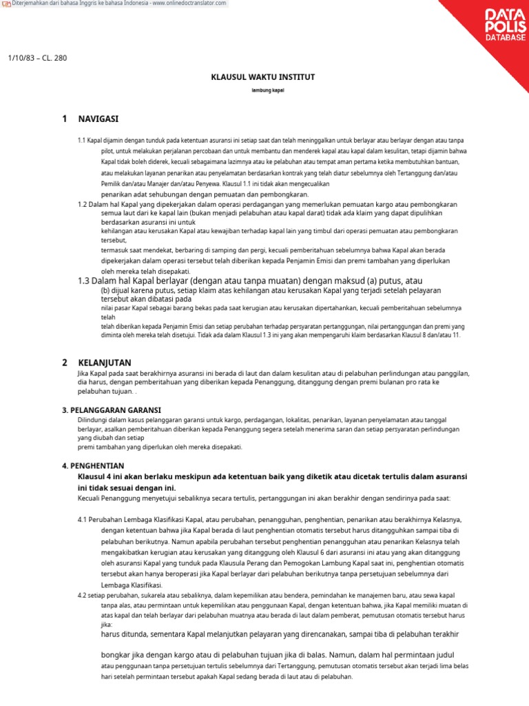 Institute Time Clauses - Hulls - 1 10 83 - CL. 280.en - Id | PDF