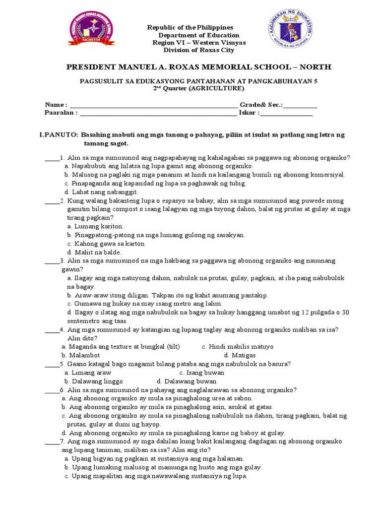 EPP Written Test & Performance Task in Agriculture M1 - Q2 | PDF