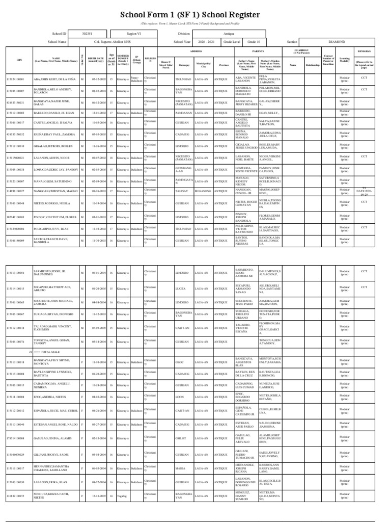 School Form 1: Student Registry for Grade 10, Section DIAMOND of ...