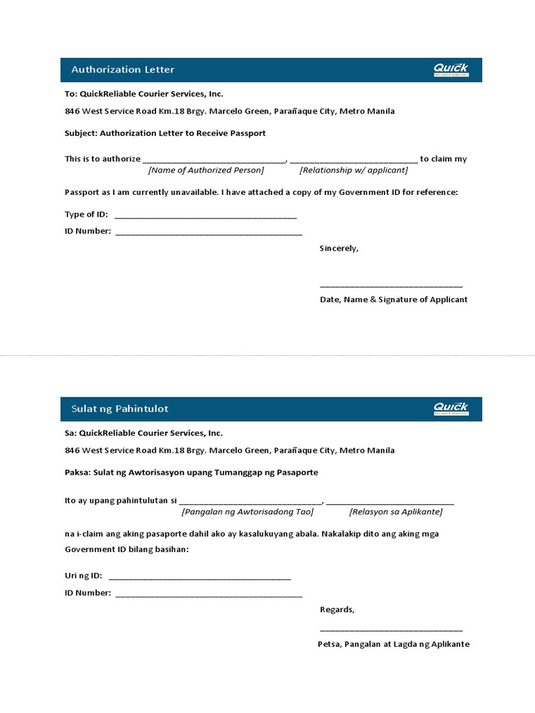 Authorization Letter: To: Quickreliable Courier Services, Inc | PDF