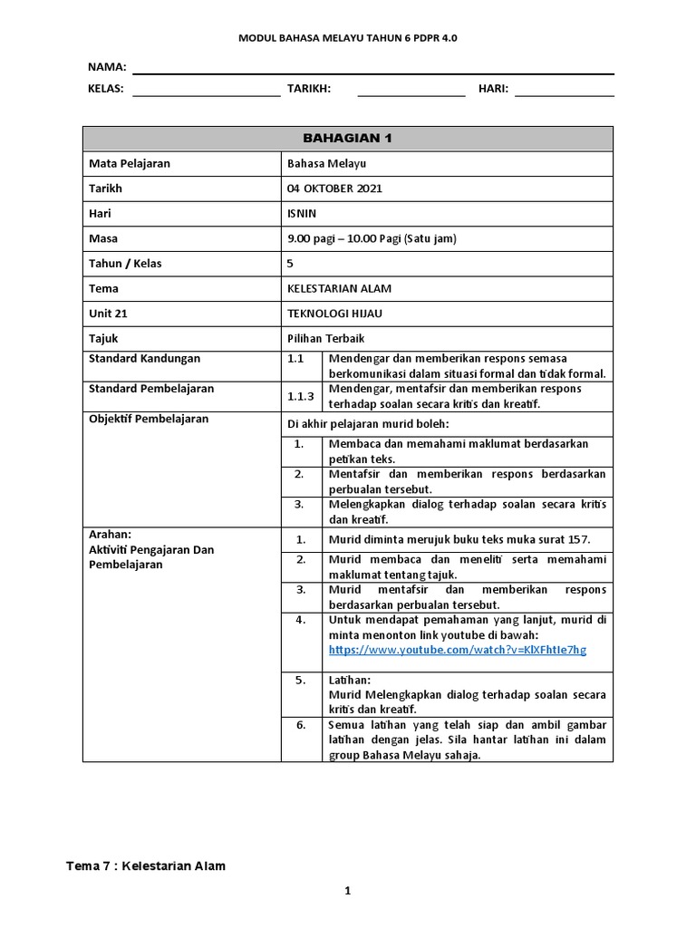 Modul PDPR 4&6 Okt. BM THN 5 | PDF