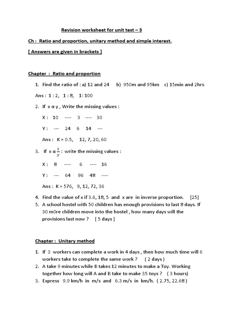 Revision Worksheet for Unit Test 3: Ratios, Proportions, Unitary Method ...