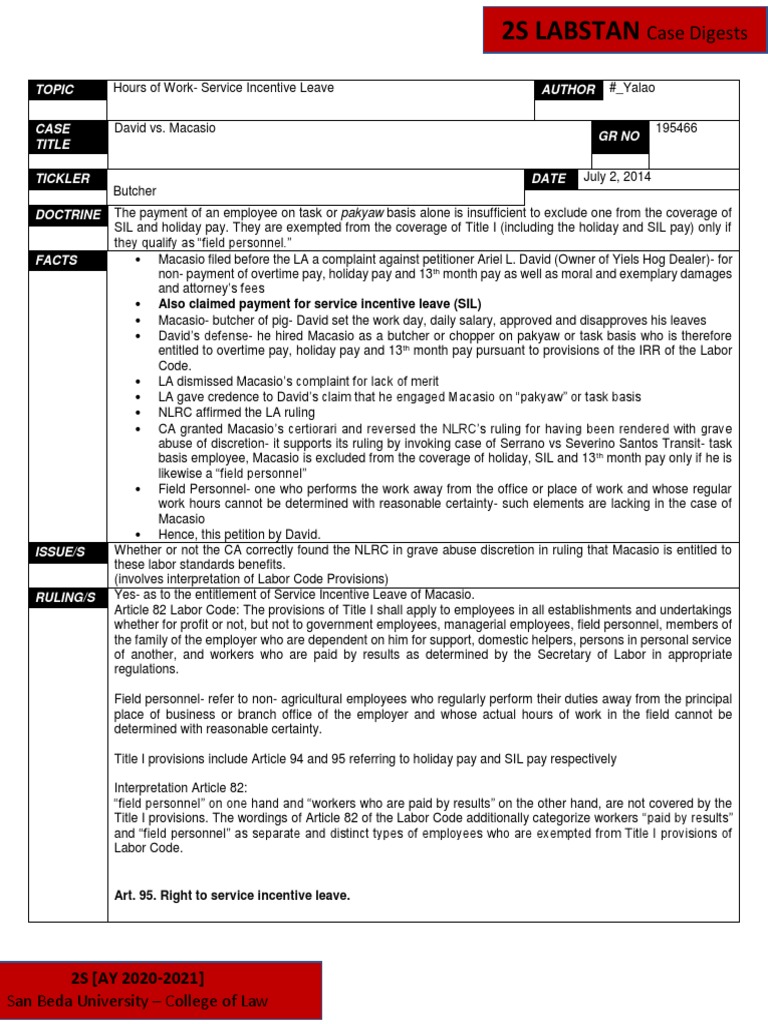 LABSTAN - David - Vs - Macasio | PDF | Employment | Labour Law