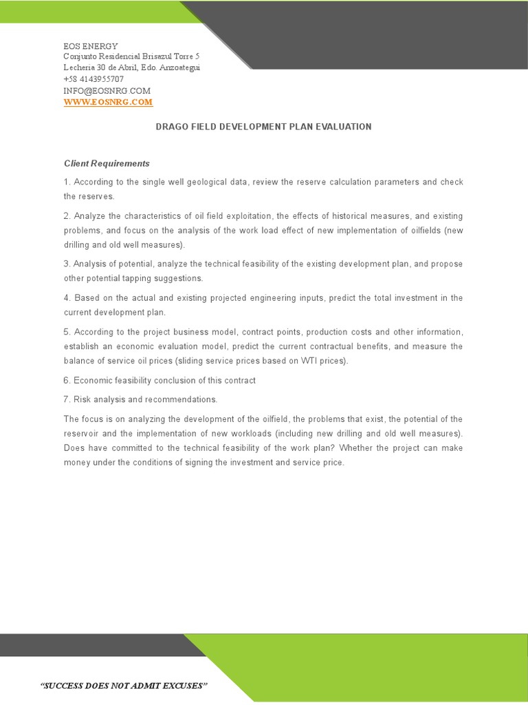 Comprehensive Proposal and Work Plan for Evaluation of the Drago Oil ...