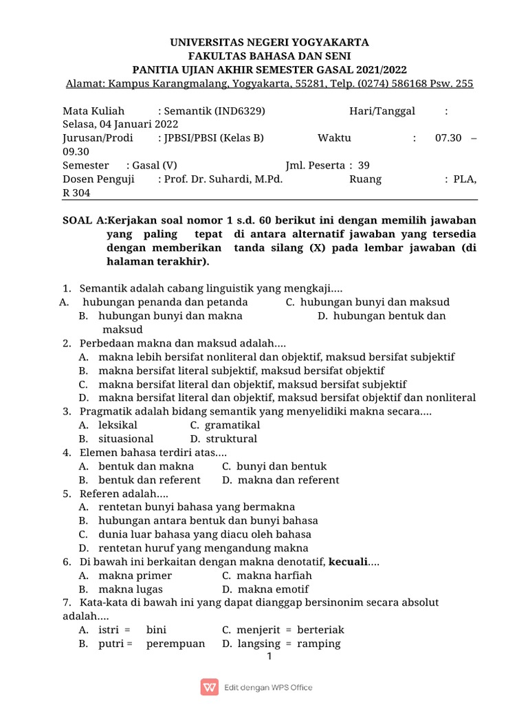 Uas Semantik Pbsi V-B Melisah 19201241072 | PDF