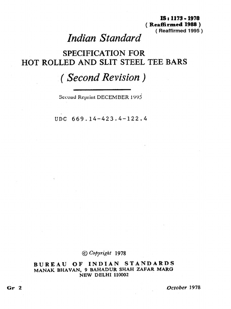 Indian Standard: Specification For Hot Rolled and Slit Steel Tee Bars ...