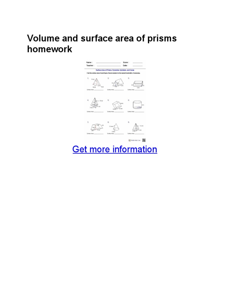 Volume and Surface Area of Prisms Homework | PDF | Area | Volume