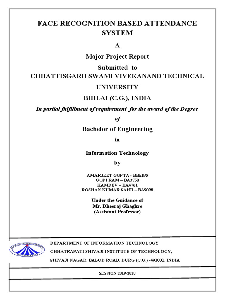 Major Project Report (Face Recognition Based Attendance System) Roshan, Amarjeet, Kamdev, Gopi ...