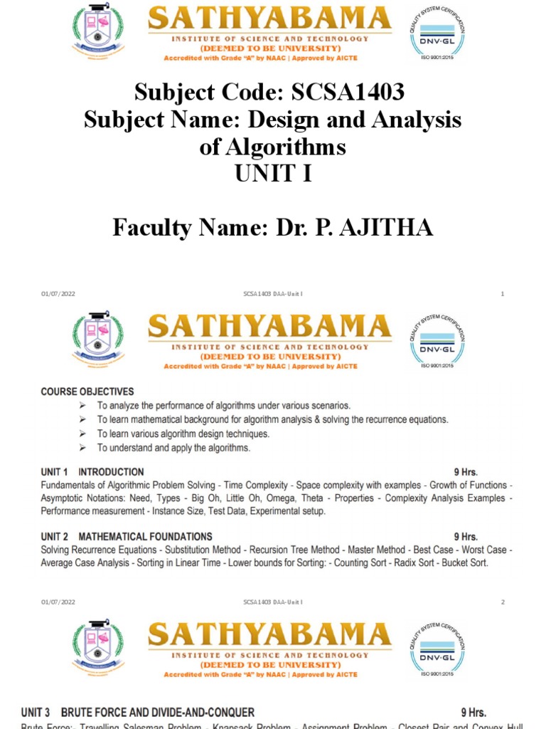 Subject Code: SCSA1403 Subject Name: Design and Analysis of Algorithms ... Subject Code: SCSA1403 Subject Name: Design and Analysis of Algorithms ...
