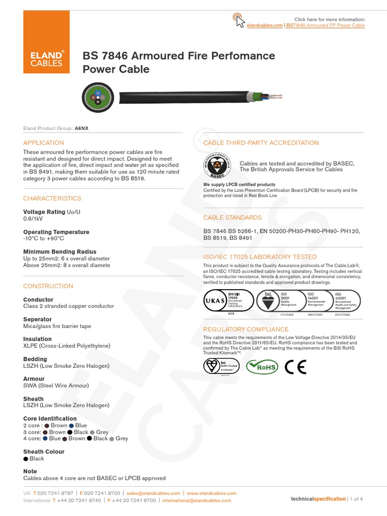 Cables BS7846 Armoured Fire Performance Power Cable | PDF | Alternating ...