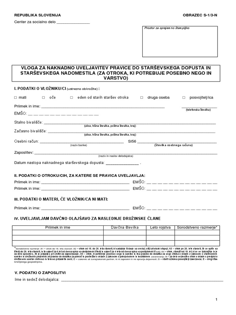 Vloga Za Naknadno Uveljavitev Pravice Do Starševskega Dopusta in ...