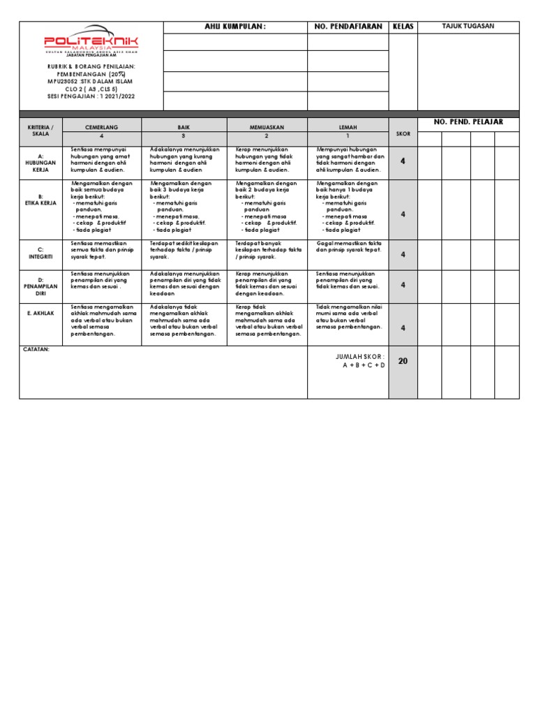 Rubrik Pembentangan Sesi 1 20212022 | PDF