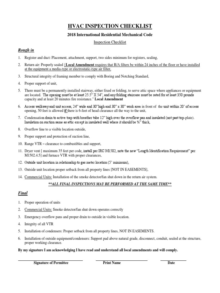 HVAC INSPECTION CHECKLIST 2018 International Residential Mechanical ...