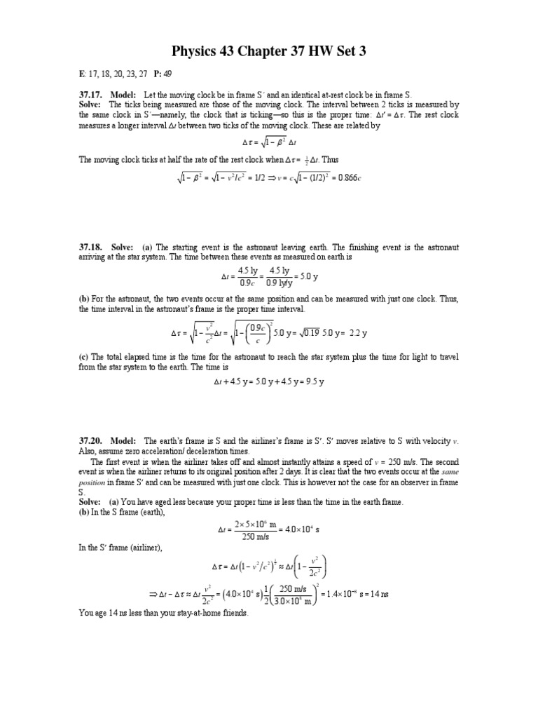 Physics 43 Chapter 37 HW Set 3 | PDF | Spacetime | Acceleration