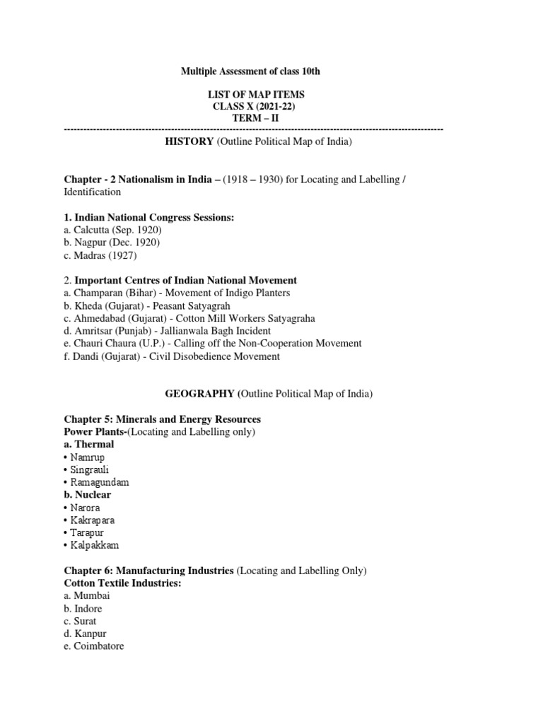 Class 10 Map Items for SST 2025-26 | PDF