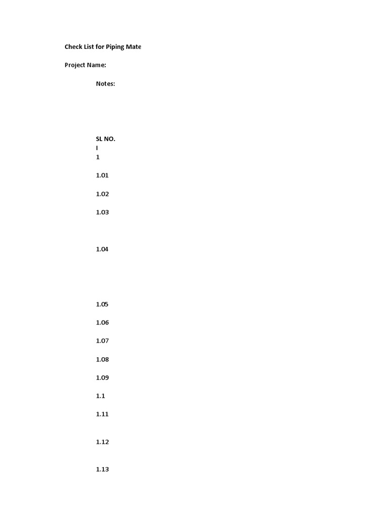 Project Name: Notes:: Check List For Piping Material Take-Off (MTO ...