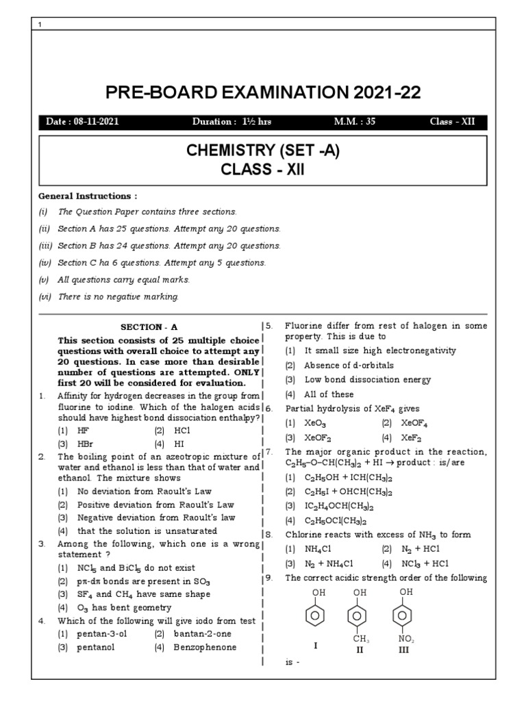 Pre-Board Examination 2021-22: Chemistry (Set - A) Class - Xii | PDF ...
