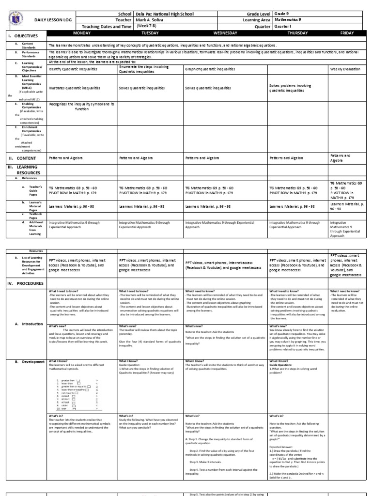 Quadratic Equations, Inequalities, and Functions: A Weekly Lesson Plan ...
