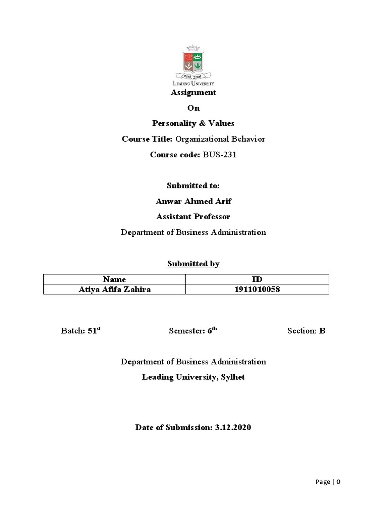 Assignment On Personality & Values | PDF | Extraversion And Introversion | Value (Ethics)