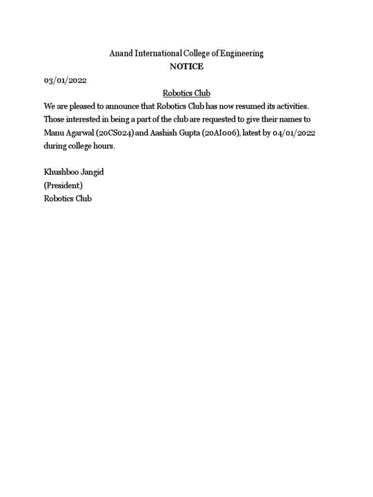 Notice - Robotics Club | PDF
