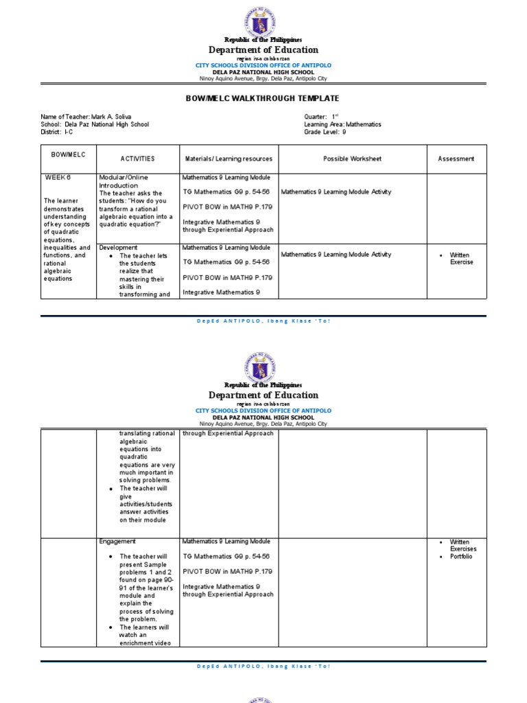 Department of Education: Bow/Melc Walkthrough Template | PDF | Learning ...