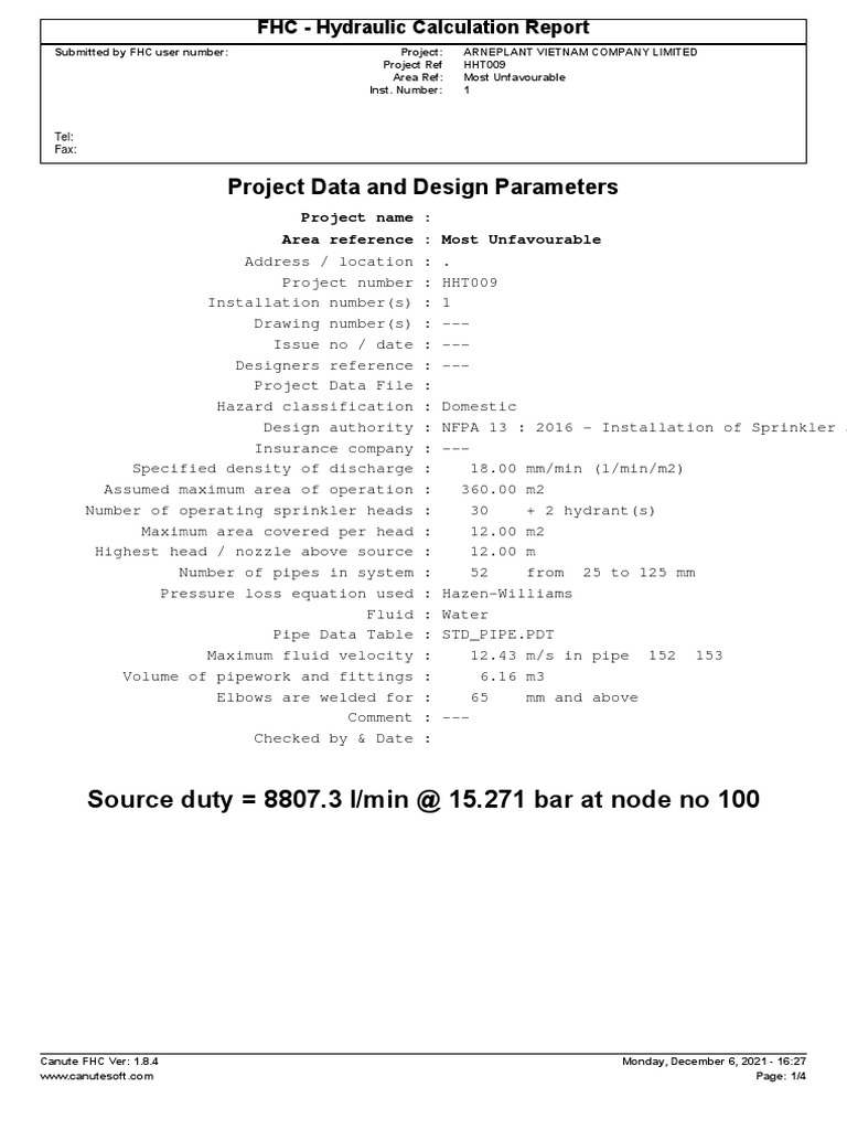 FHC-Hydraulic Calculation | PDF | Fire Sprinkler System | Civil Engineering