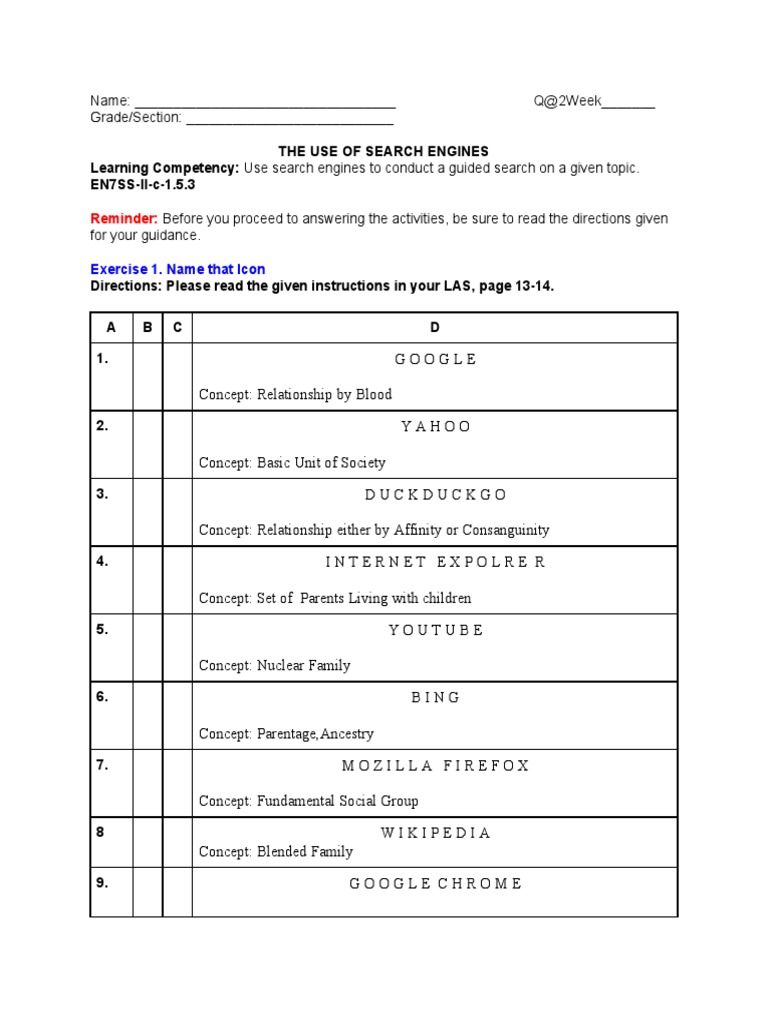 The Use of Search Engines Learning Competency: Use Search Engines To ...