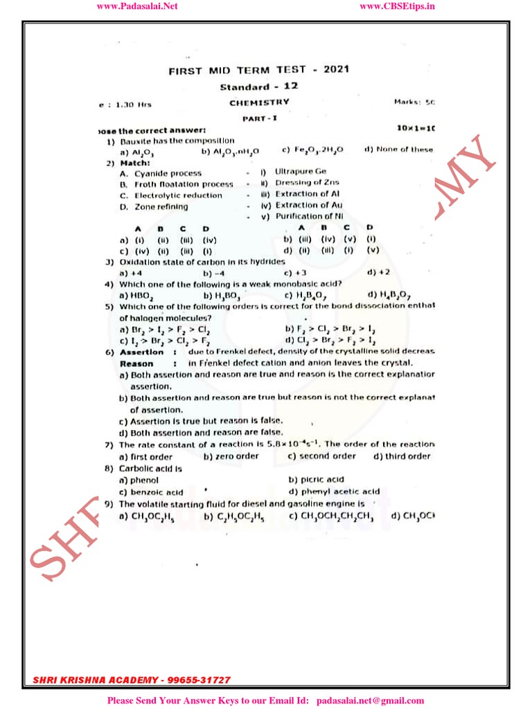 12th Chemistry - Question Paper For 1st Mid Term Exam 2021 - English ...