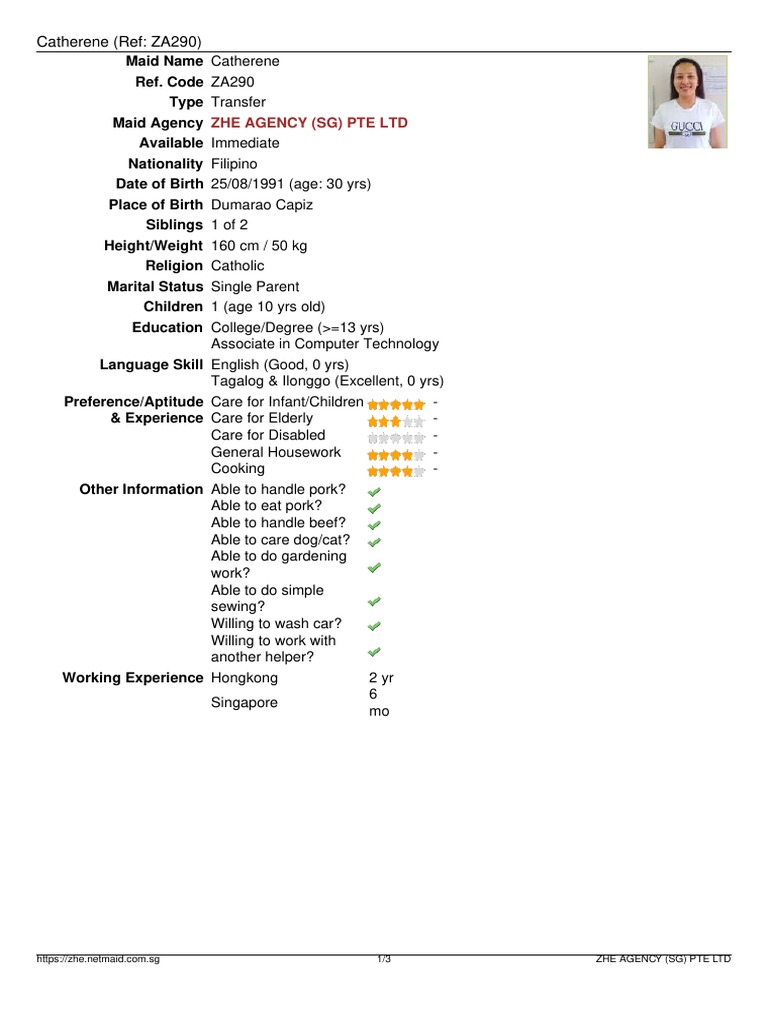 Zhe Agency (SG) Pte LTD: Catherene (Ref: ZA290) | PDF
