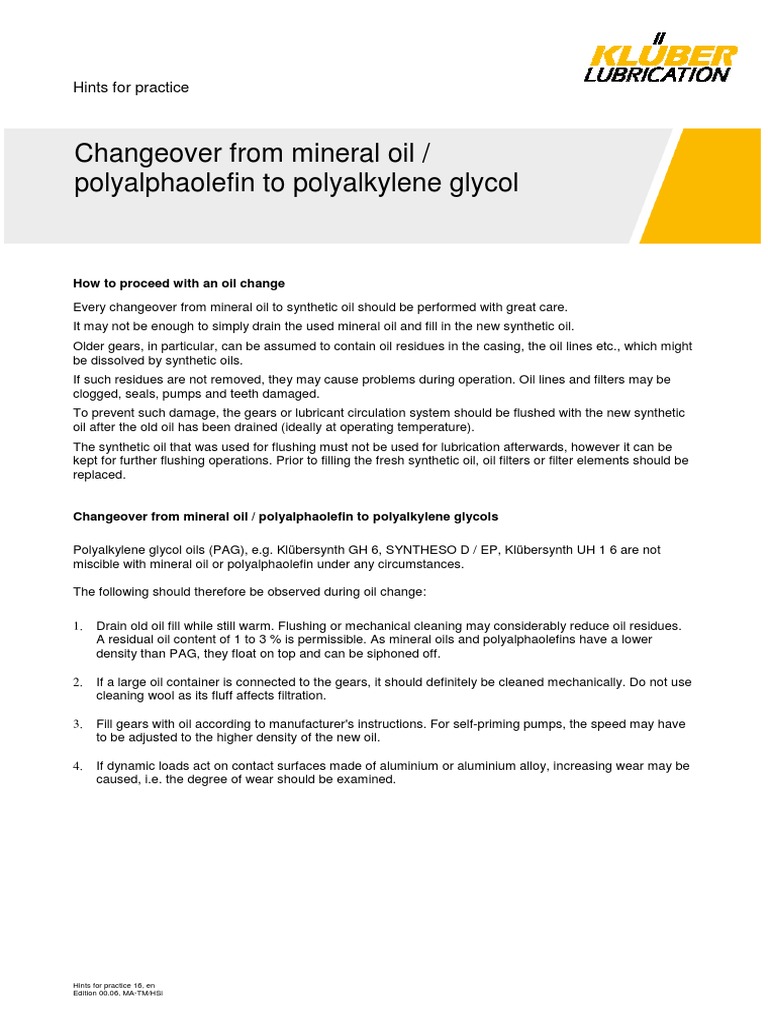 Changeover - From - Mineral - Oil PAO To Polyglycol Kluber | PDF ...