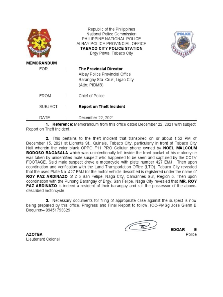 Theft Incident Report - Tabaco City | PDF