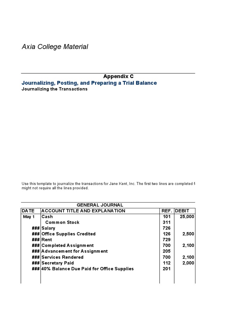 Axia College Material: Journalizing, Posting, and Preparing A Trial Balance | PDF | Debits And ...