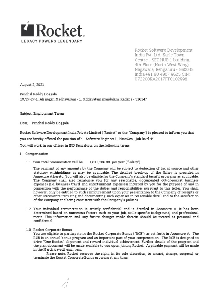 Offer Letter - India 2021-08-02 22 - 52 PDT | PDF | Employment ...