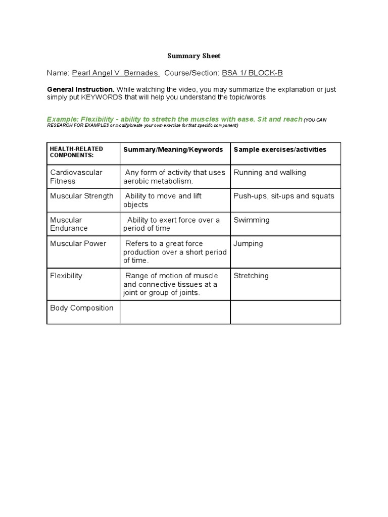 Physical Fitness Summary Sheet | PDF | Flexibility (Anatomy) | Muscle