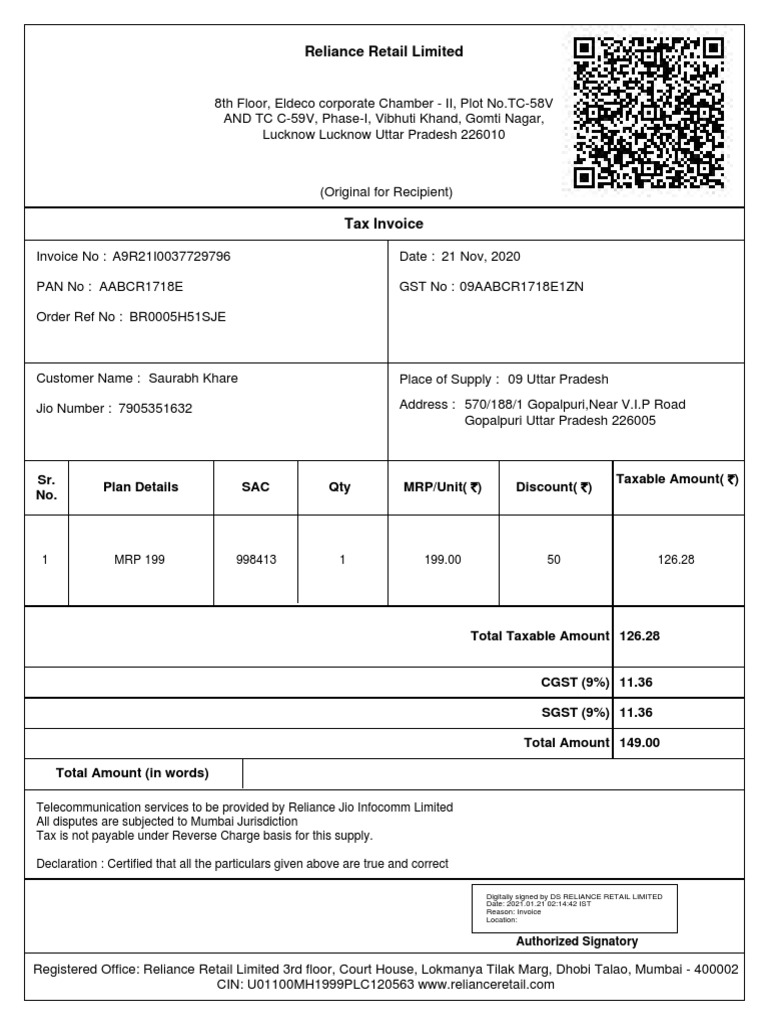 Reliance Retail Limited: Sr. No. Plan Details SAC Qty MRP/Unit Discount ...