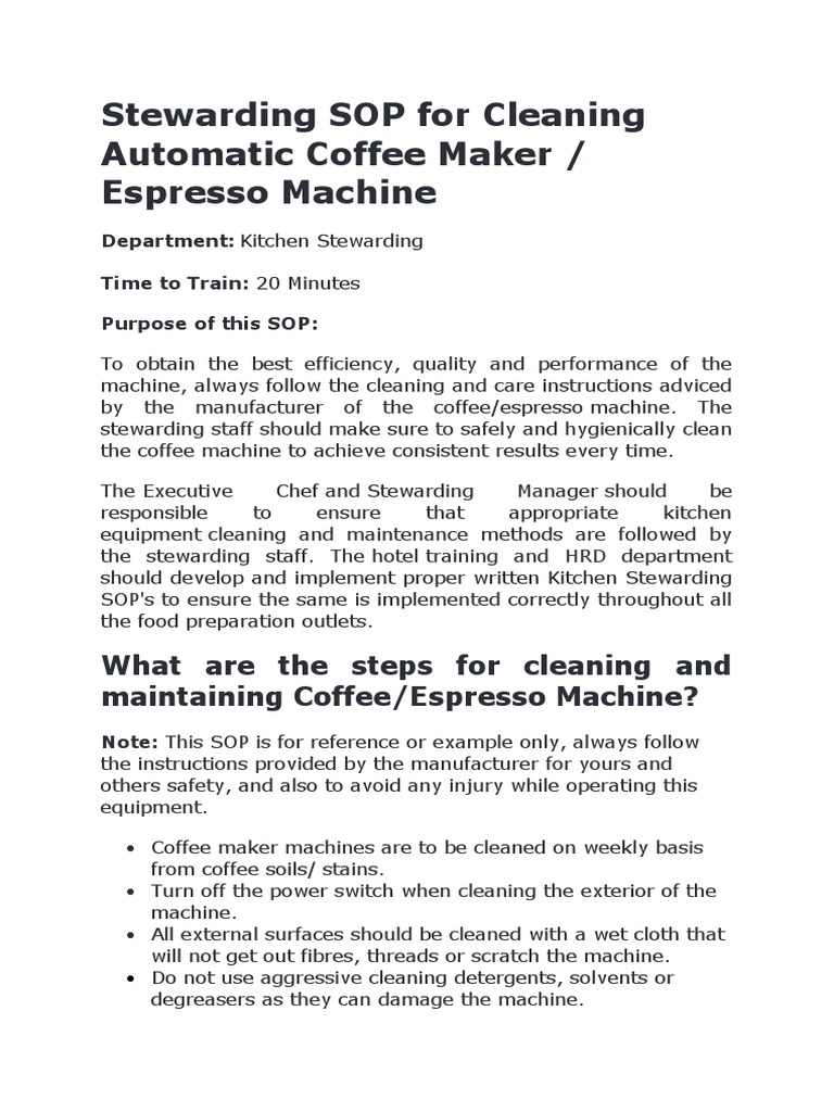 Stewarding SOP For Cleaning Automatic Coffee Maker / Espresso Machine | PDF