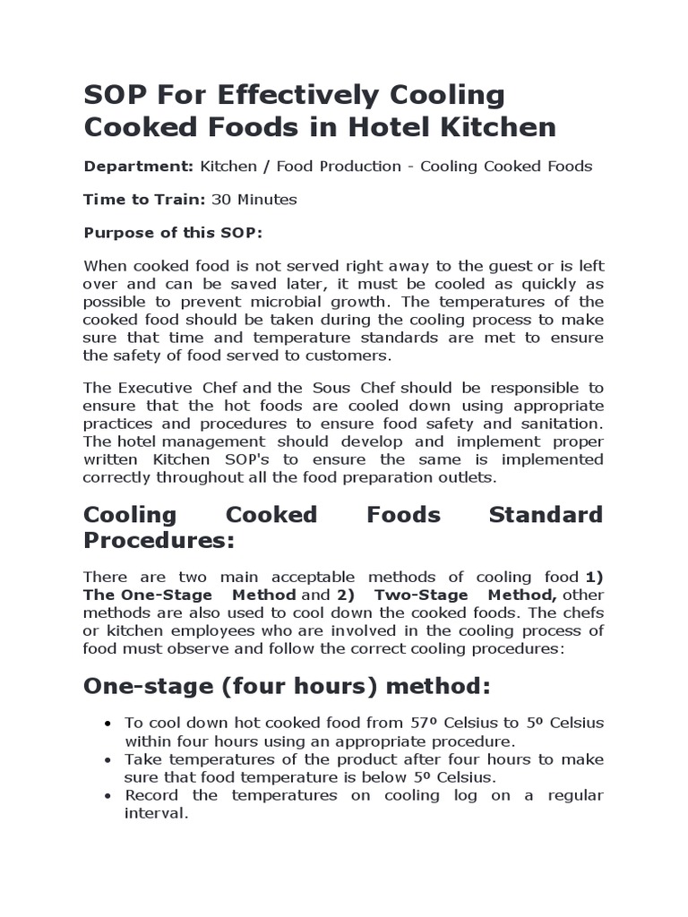 SOP For Effectively Cooling Cooked Foods in Hotel Kitchen | PDF | Foods ...