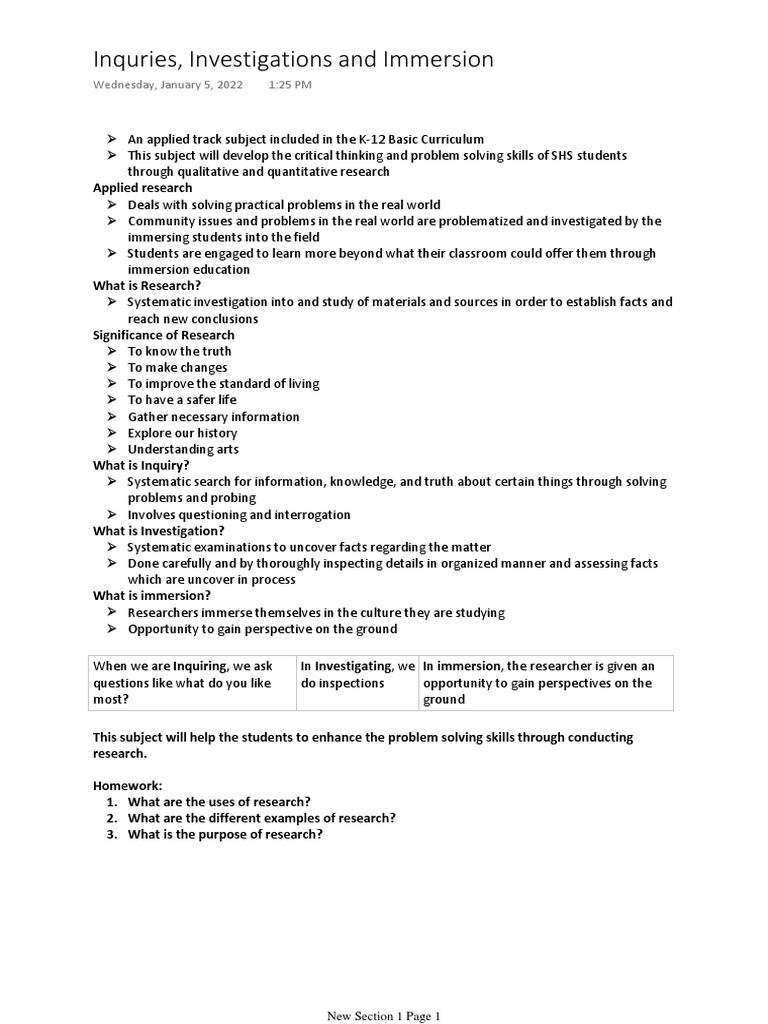 Inquiries, Investigations and Immersion | PDF